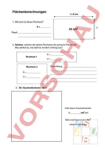 Arbeitsblatt: Flächenberechung Rechteck - Geometrie - Flächen