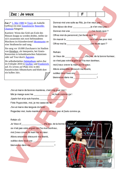 Arbeitsblatt: Zaz - Je veux - Französisch - Anderes Thema