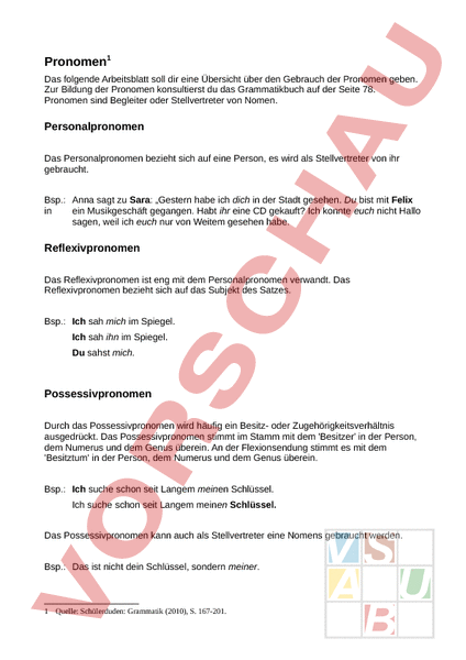 Arbeitsblatt: Alle Pronomen - Deutsch - Grammatik