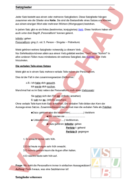 Arbeitsblatt: Satzglieder - Deutsch - Grammatik