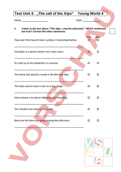 Arbeitsblatt: Young World 4 Test Unit 4 - Englisch - Gemischte Themen