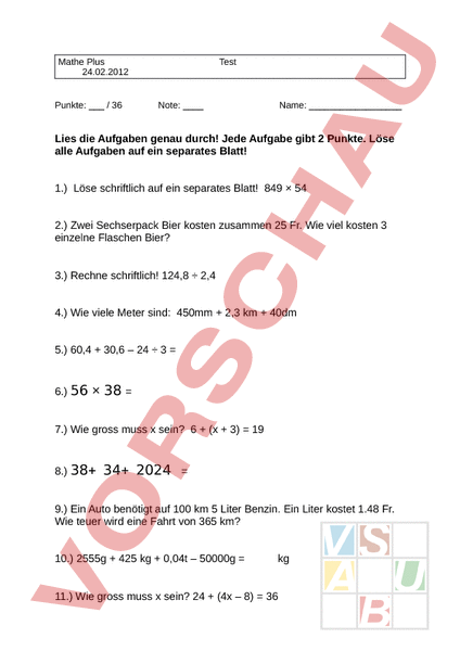 Arbeitsblatt: Mathe Test - Mathematik - Gemischte Themen