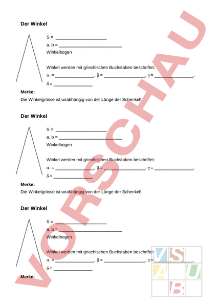 Arbeitsblatt: Theorie über Winkelteile - Geometrie - Winkel