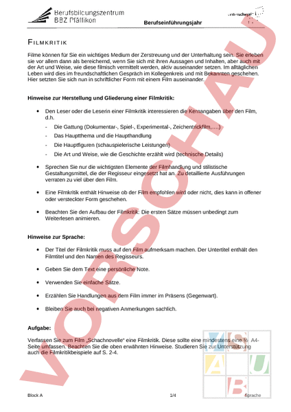 Arbeitsblatt: Filmkritik - Deutsch - Texte schreiben
