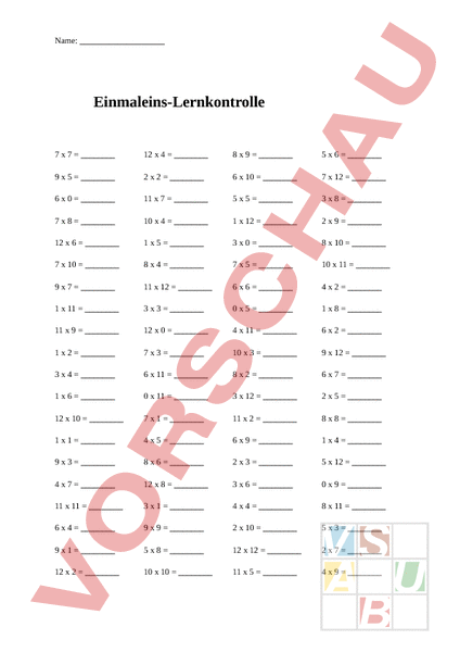 Arbeitsblatt: 1x1 test - Mathematik - Multiplikation