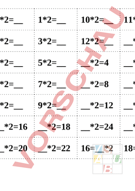 Arbeitsblatt: Übungskärtchen 2er-Reihe - Mathematik - Multiplikation