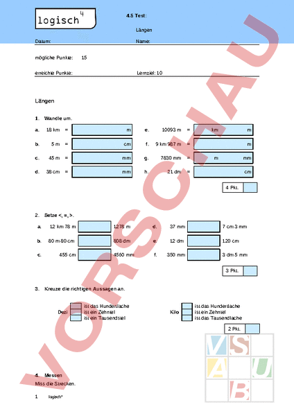 Arbeitsblatt: Mathetest Längen - Mathematik - Mengenlehre