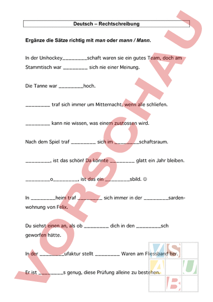 Arbeitsblatt: man/mann - Deutsch - Rechtschreibung