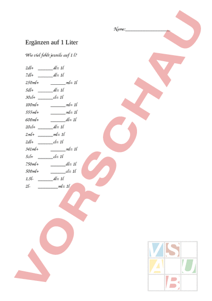 Arbeitsblatt: Liter - Mathematik - Mengenlehre