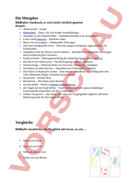 Arbeitsblatt: Die Metapher - Deutsch - Wortschatz