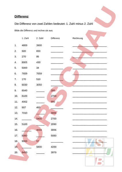 Arbeitsblatt: Differenz - Mathematik - Subtraktion