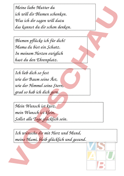 Arbeitsblatt: Verse zum Muttertag - Bildnerisches Gestalten - Gemischte ...