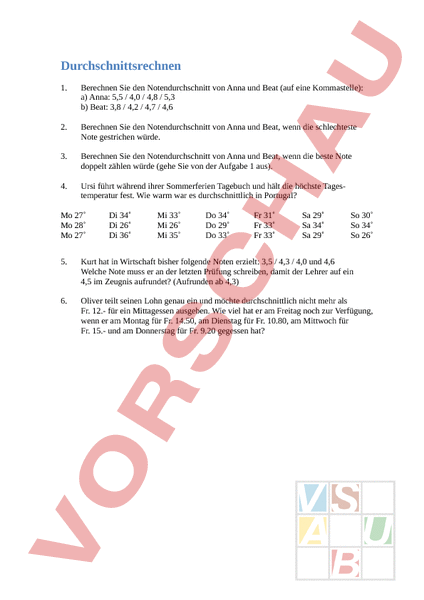 Arbeitsblatt: Durchschnittsrechnen mit Lösungen - Mathematik - Anderes ...