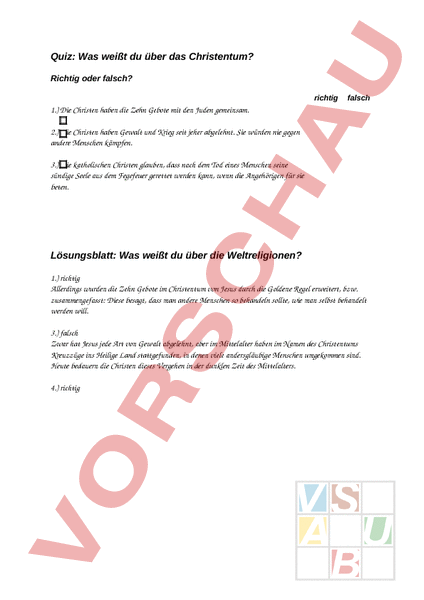Arbeitsblatt: Quiz Christentum - Lebenskunde - Religionslehre / Bibel