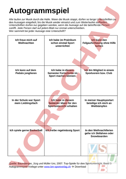 Arbeitsblatt: Sportspiel - Autogrammspiel - Bewegung / Sport - Bewegung