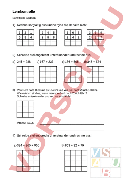 Arbeitsblatt: Lernkontrolle Schriftliche Addition - Mathematik ...