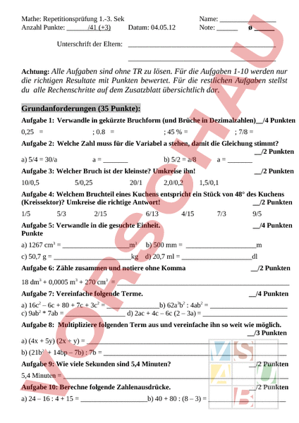Arbeitsblatt: Mathe Repetitionsprüfung 1.-3. Sek - Mathematik - Repetition