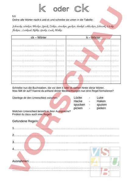 Arbeitsblatt: Ck Regeln - Deutsch - Rechtschreibung