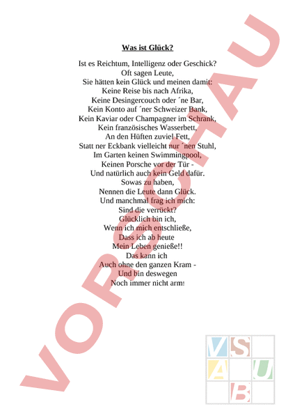 Arbeitsblatt: Glück?? - Lebenskunde - Persönlichkeitsentwicklung