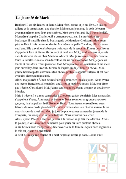 Arbeitsblatt: unité 15 la journéé de Marie - Französisch - Textverständnis