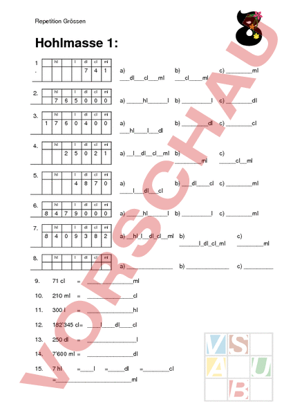 Arbeitsblatt: Hohlmasse umrechnen - Mathematik - Sachrechnen / Grössen