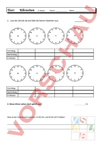 Arbeitsblatt: Test Uhrzeit - Mathematik - Zahlensysteme
