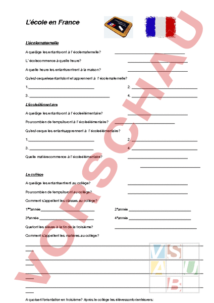 Arbeitsblatt: L'école en France Unité 9 - Französisch - Textverständnis