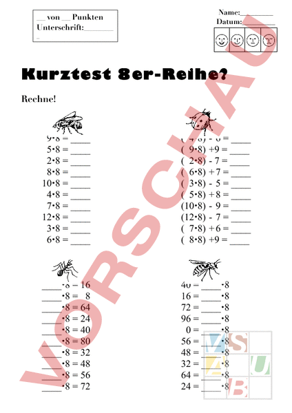 Arbeitsblatt: Kurztest 8er-Reihe - Mathematik - Multiplikation