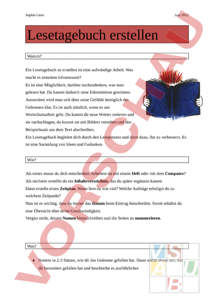 Arbeitsblatt: Lesetagebuch erstellen - Deutsch - Leseförderung / Literatur