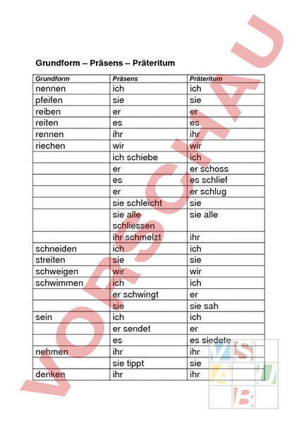Arbeitsblatt: Grundform-Präsens-Präteritum - Deutsch - Grammatik
