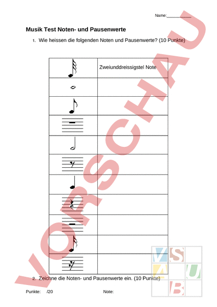 Arbeitsblatt: Test Noten und Pausenwerte - Musik - Musiktheorie / Noten