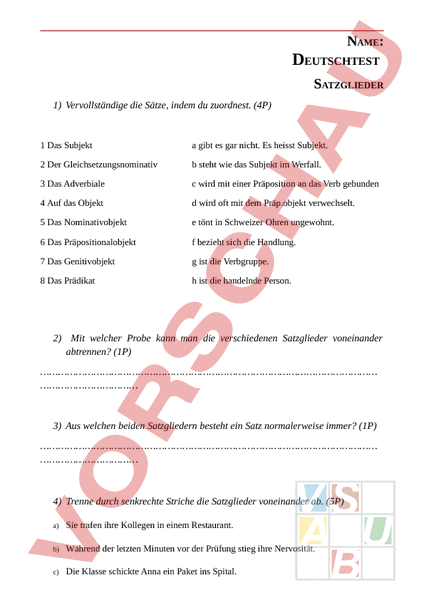 Arbeitsblatt: Test Satzglieder - Deutsch - Grammatik