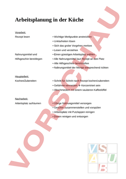 Arbeitsblatt: Arbeitsplanung in der Küche - Wirtschaft, Arbeit ...