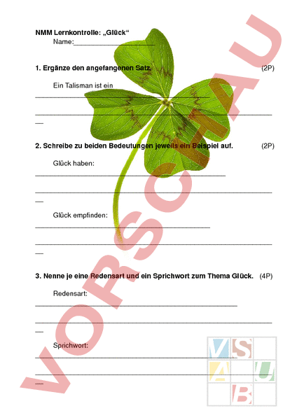 Arbeitsblatt: Lernkontrolle Glück - Lebenskunde - Anderes Thema
