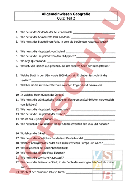 Arbeitsblatt Allgemeinwissen Geografie 2 Geographie Anderes Thema