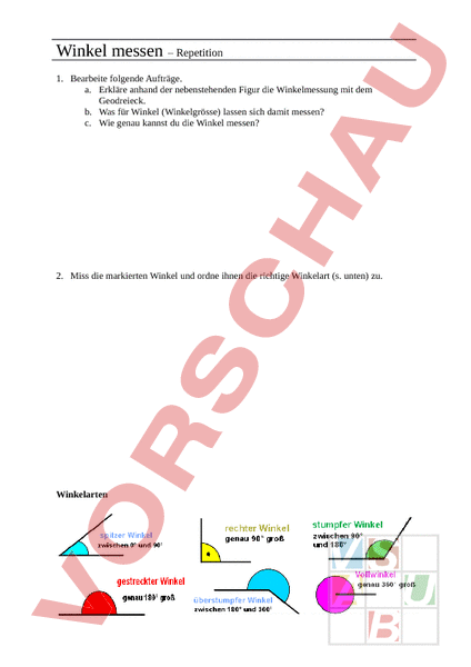 Arbeitsblatt: Winkel messen - Geometrie - Winkel