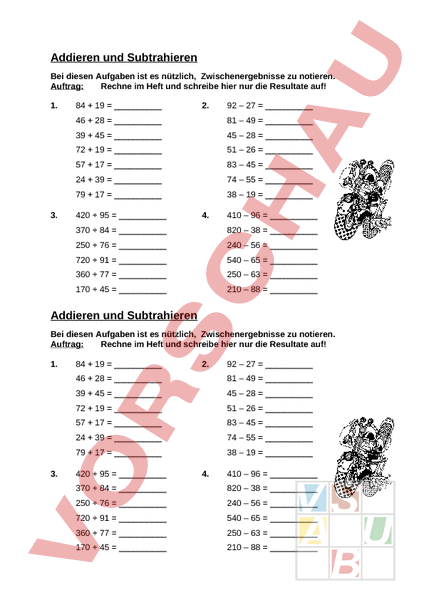 Arbeitsblatt: Addition und Subtraktion - Mathematik - Addition