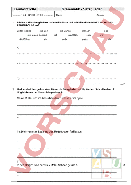 Arbeitsblatt: Lernkontrolle Satzglieder - Deutsch - Grammatik