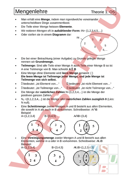Arbeitsblatt: Theorieblatt Mengenlehre - Mathematik - Mengenlehre