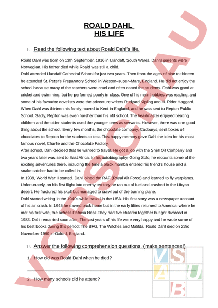 Arbeitsblatt: Reading comprehension Roal Dahl's life - Englisch - Lesen ...