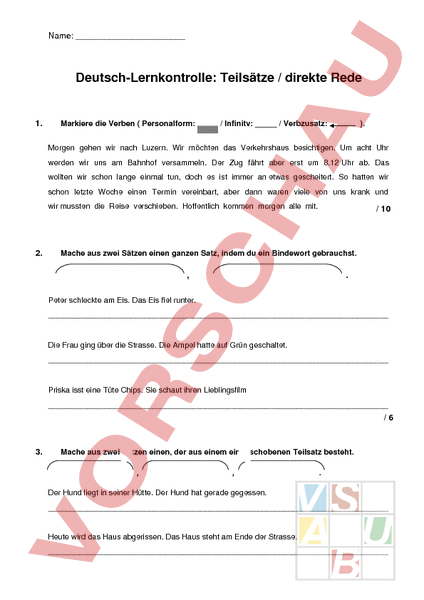 Arbeitsblatt: LK Teilsätze + direkte Rede - Deutsch - Grammatik