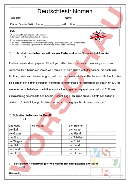 Arbeitsblatt: Test Nomen - Deutsch - Grammatik