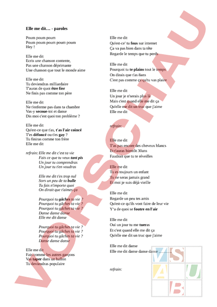 Arbeitsblatt: Mika: Elle me dit - Französisch - Textverständnis