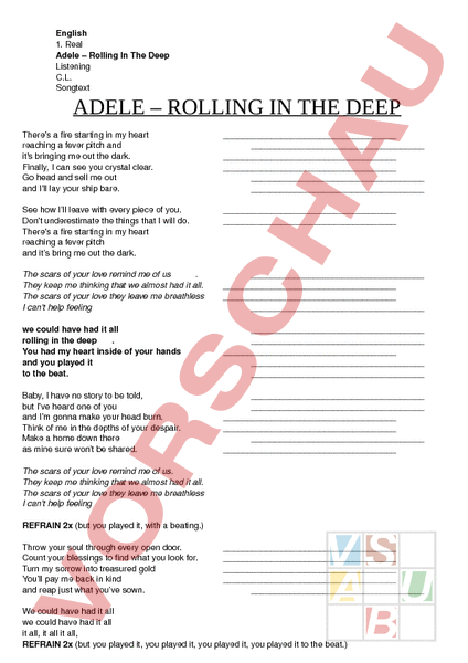 Arbeitsblatt: Adele - Rolling in the deep - Englisch - Gemischte Themen