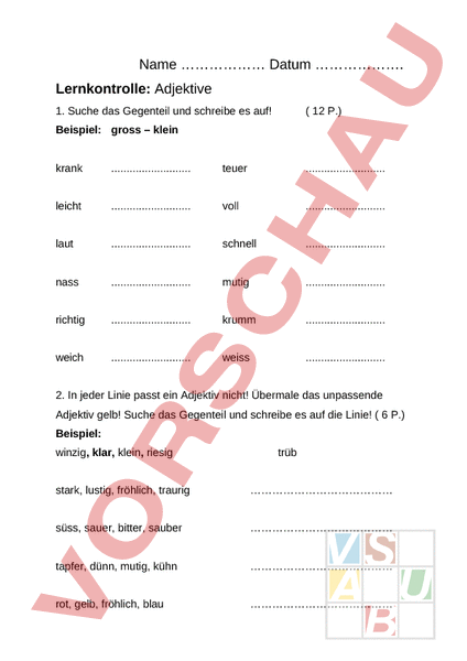 Arbeitsblatt: Lernkontrolle Adjektive - Deutsch - Grammatik