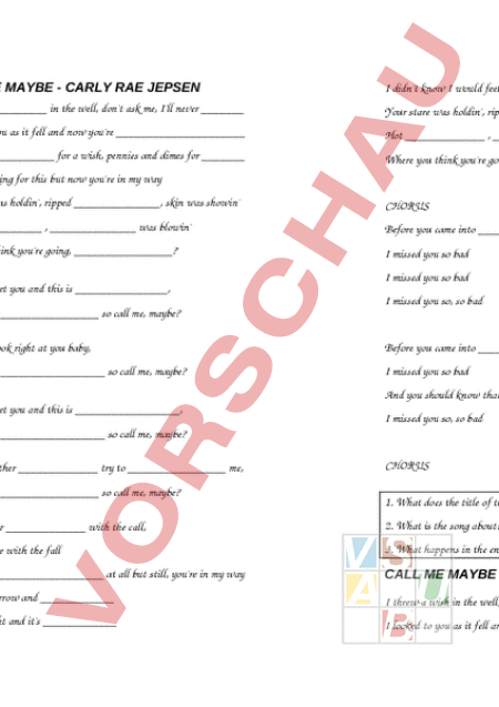 Arbeitsblatt: Call Me Maybe - Englisch - Wortschatz