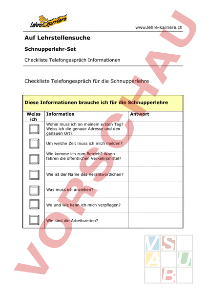 Arbeitsblatt: Vorbereitung auf die Schnupperlehre - Lebenskunde ...