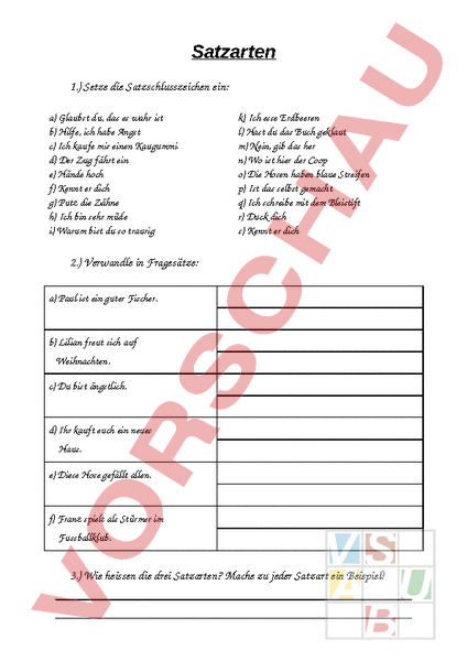 Arbeitsblatt: Satzartenübung - Deutsch - Grammatik