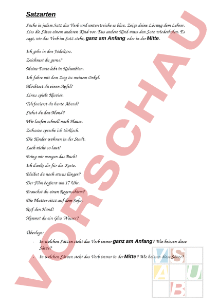 Arbeitsblatt: Satzarten - Deutsch - Grammatik