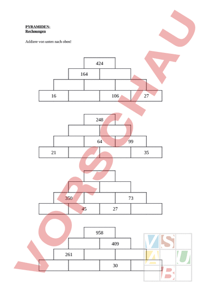 Arbeitsblatt: Pyramiden-Rechnungen - Mathematik - Addition